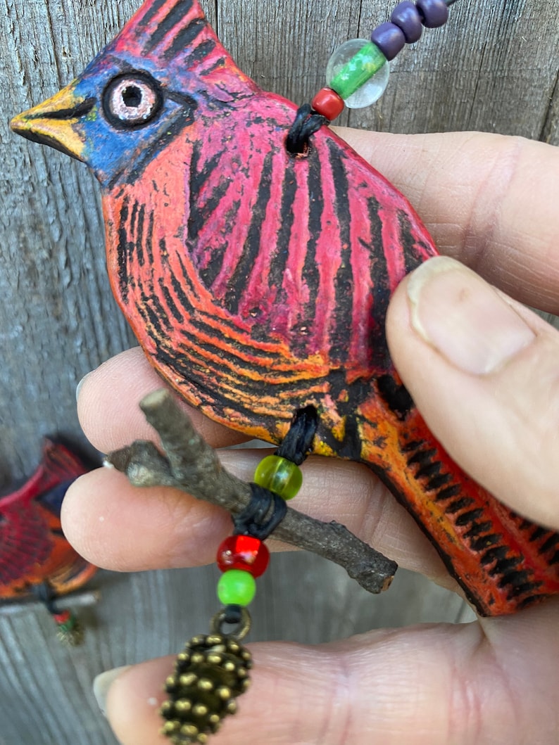 Cardinal Ornament Clay Cardinal Sitting on Branch Happy | Etsy