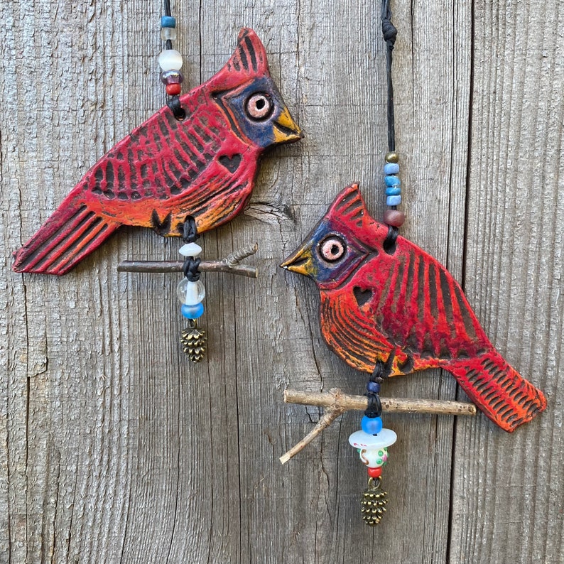 Cardinal Ornament - Clay Cardinal Sitting on Branch - Happy Little ...