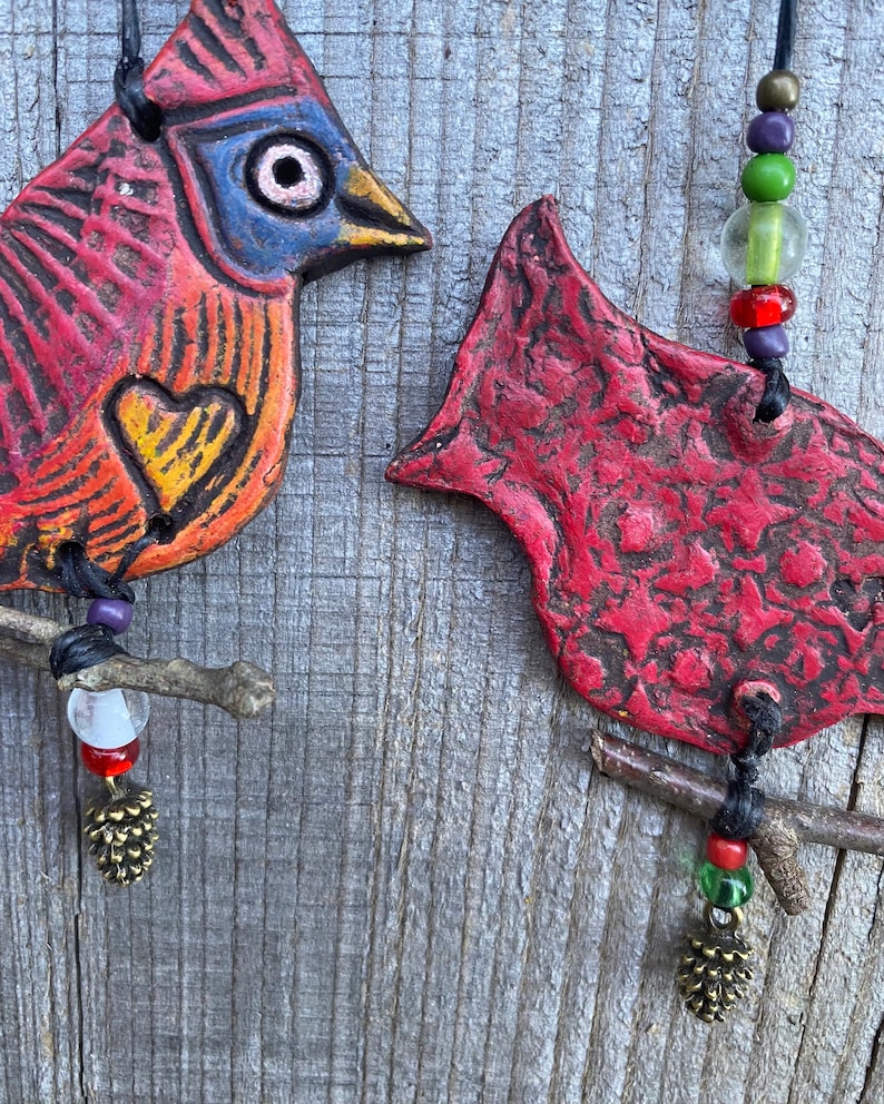 Cardinal Ornament - Clay Cardinal Sitting on Branch - Happy Little ...