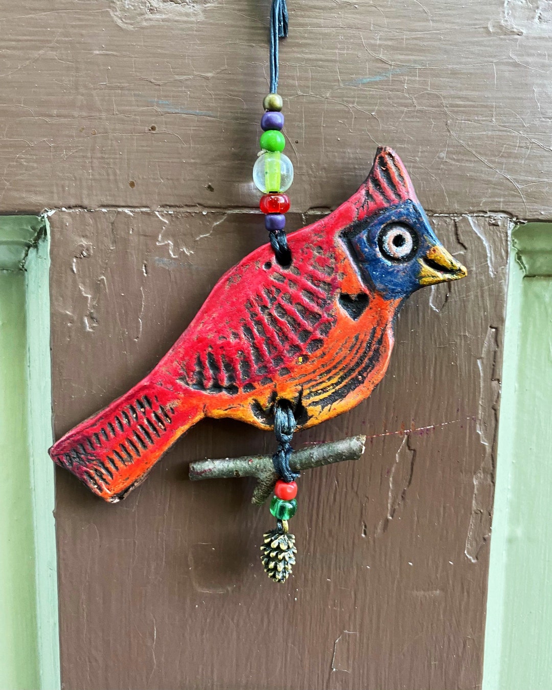 Cardinal Ornament - Clay Cardinal Sitting on Branch - Happy Little ...
