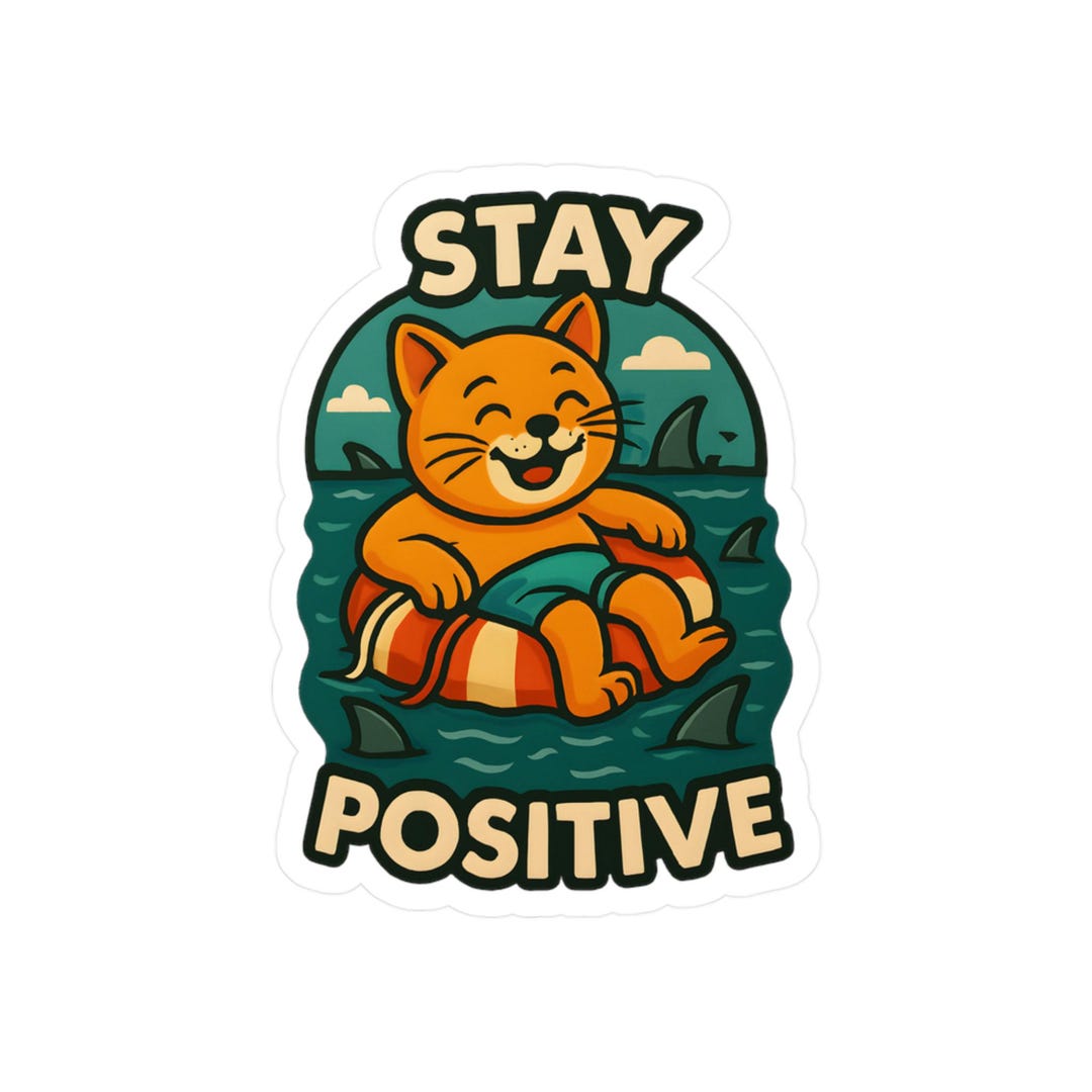 Stay Positive Cat Sharks Vinyl Decal | Cute Sticker for Laptops, Water ...