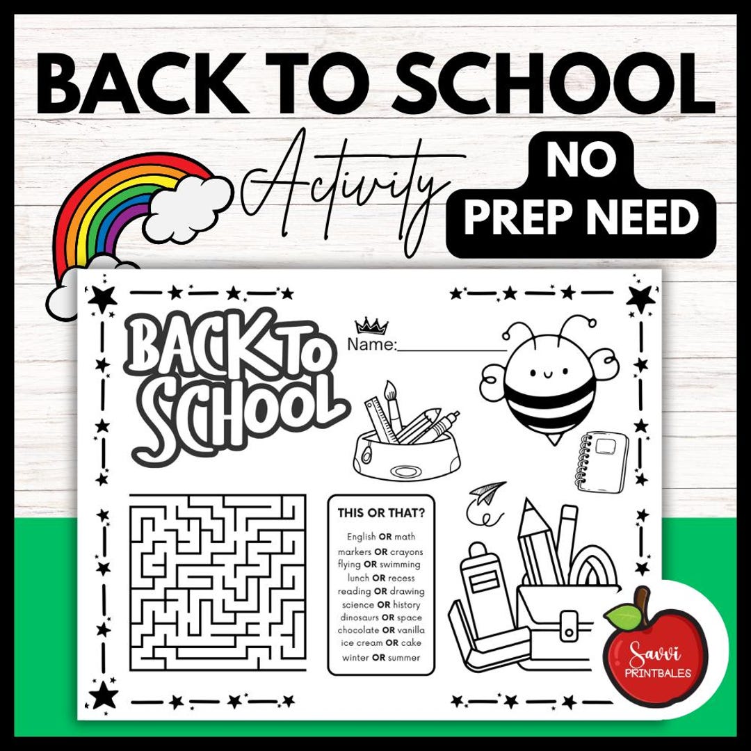 Back to School Activity Placemat: Printable First Day Fun (PDF Download ...