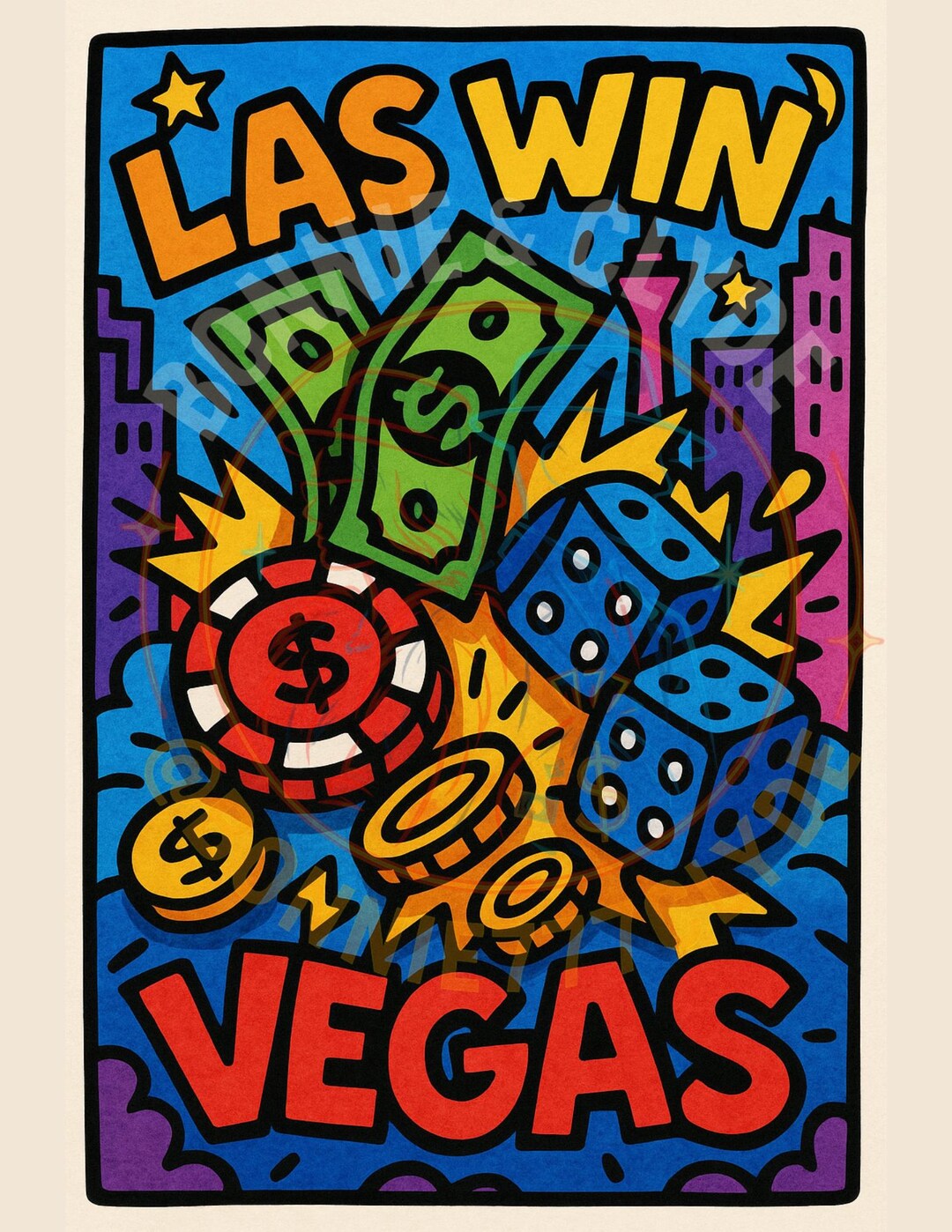 Las Vegas Graffiti Art Print – Bold Cartoon Casino Collage | Slot ...