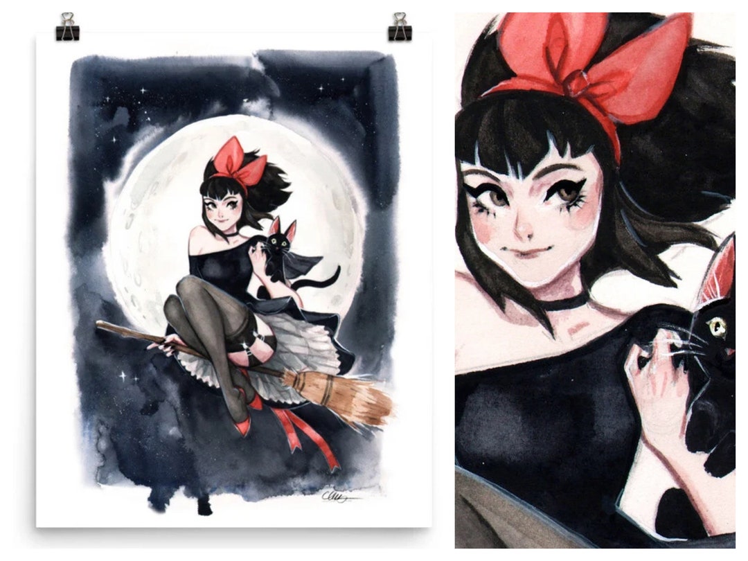 Pin up Cute Witch on Broom Black Cat Halloween Anime Art Watercolor Pin ...