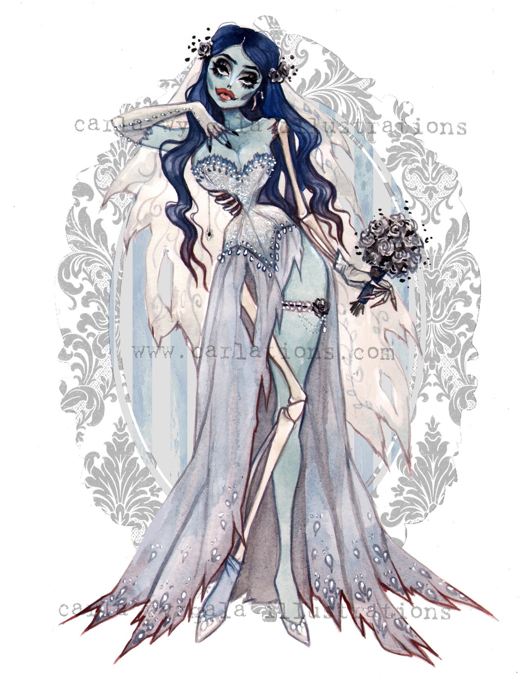 Pin up Boudoir Corpse Bride Zombie Watercolor Pin-up Print by - Etsy