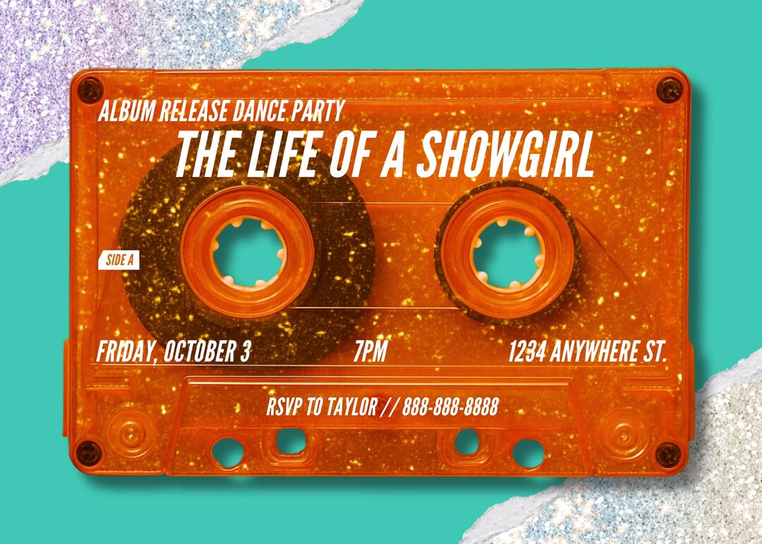 Showgirl Album Release Party Invitation: Orange Glitter, Music Theme ...