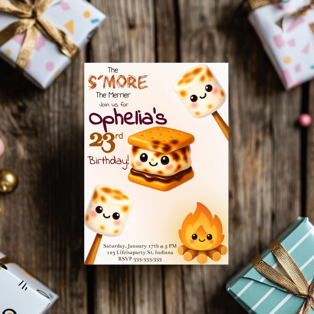 Light Background Smore Birthday Theme 5x7 Digital Birthday Invitation ...
