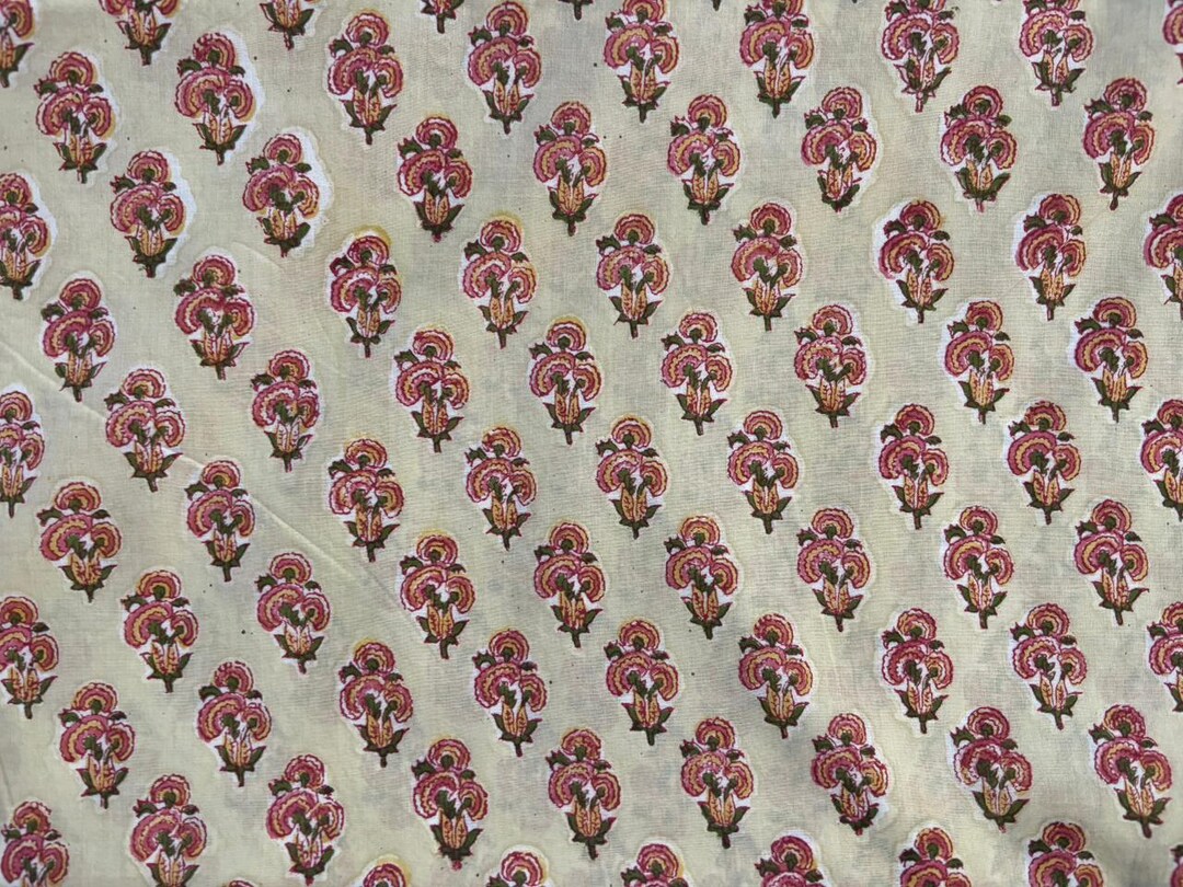 Beige Mughal Buti Hand Block Print Cotton Fabric – Ethnic Floral Motif ...