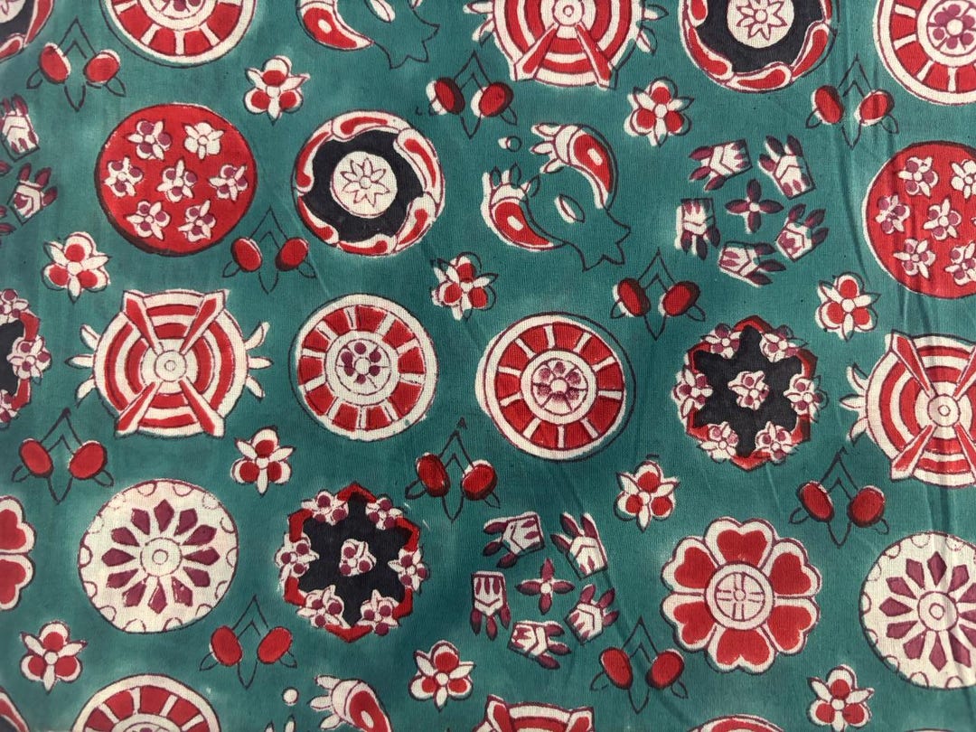 Teal Red White Circular Motif Hand Block Print Cotton Fabric ...