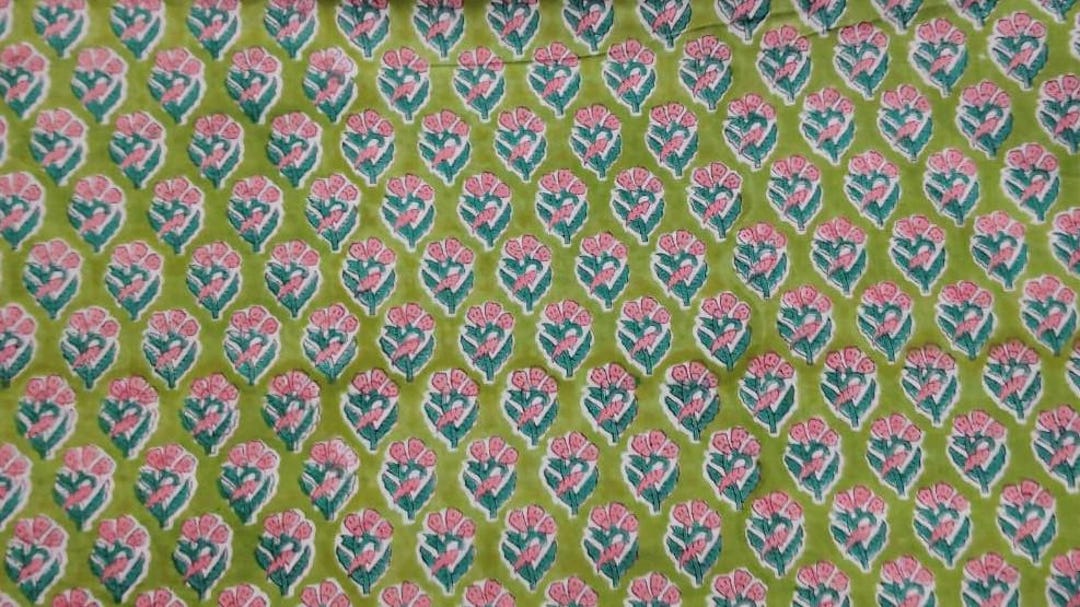Green Pink Floral Jaipur Print - Hand Block Print Cotton Fabric ...