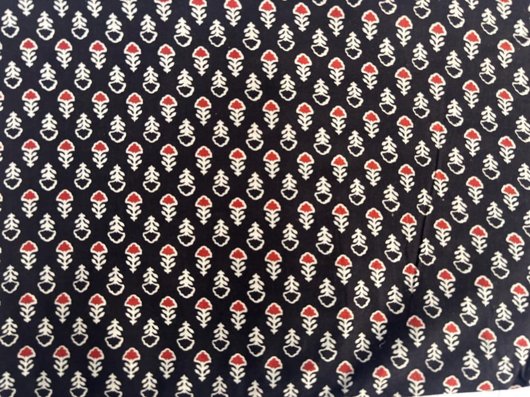 Black Buti Hand Block Printed Cotton Fabric | Red White Floral Motif ...
