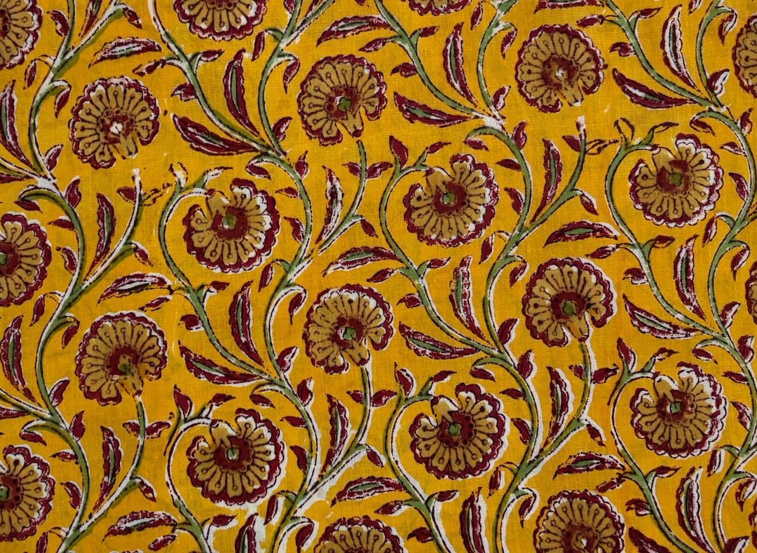 Yellow Marigold Hand Block Print Cotton Fabric | Indian Floral Sewing ...