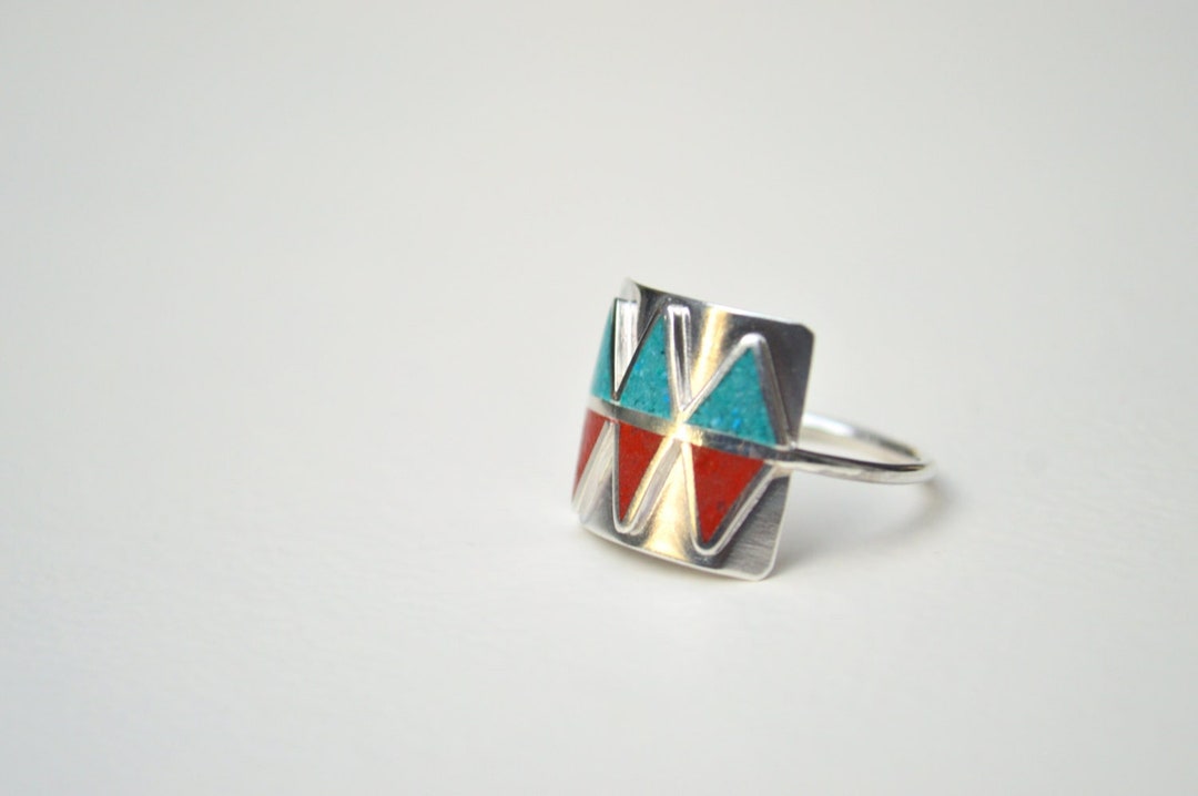 Tribal Ring - 925 Sterling Silver - Turquoise and Red - Geometric ...