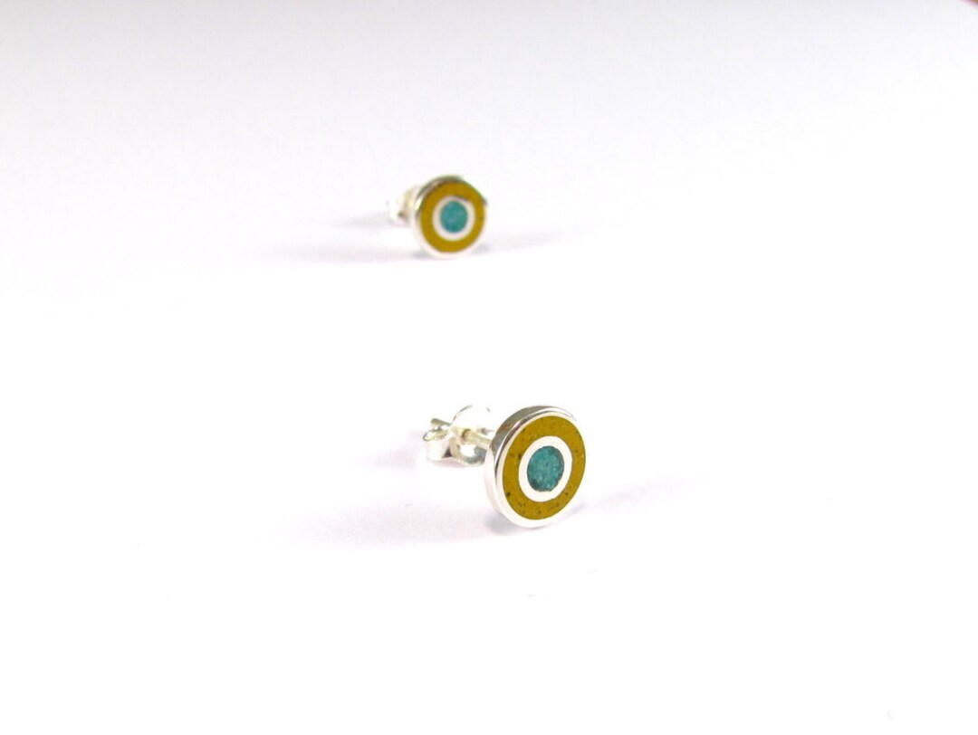 Color Studs - Sterling Silver 925 - Inlay Stone Yellow and Turquoise - Etsy