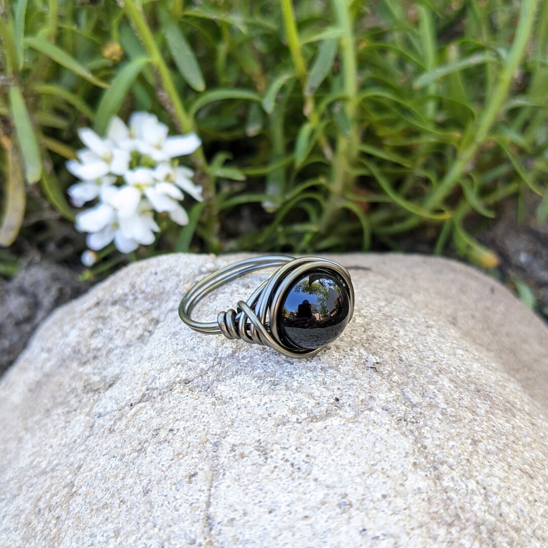 Large Black Stone Ring - You Choose Band Color - Black Stone Jewelry ...