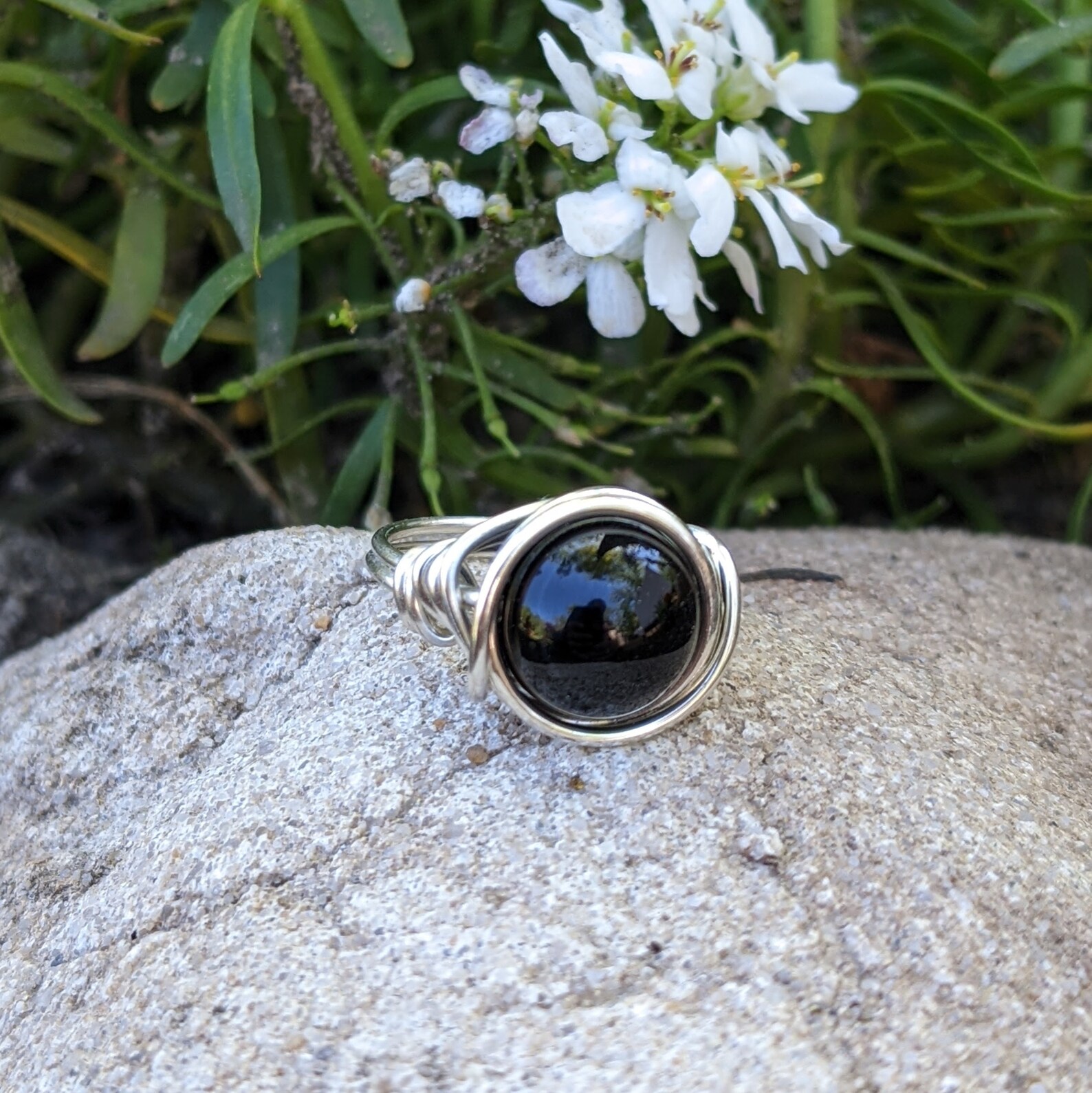 Large Black Stone Ring - You Choose Band Color - Black Stone Jewelry ...