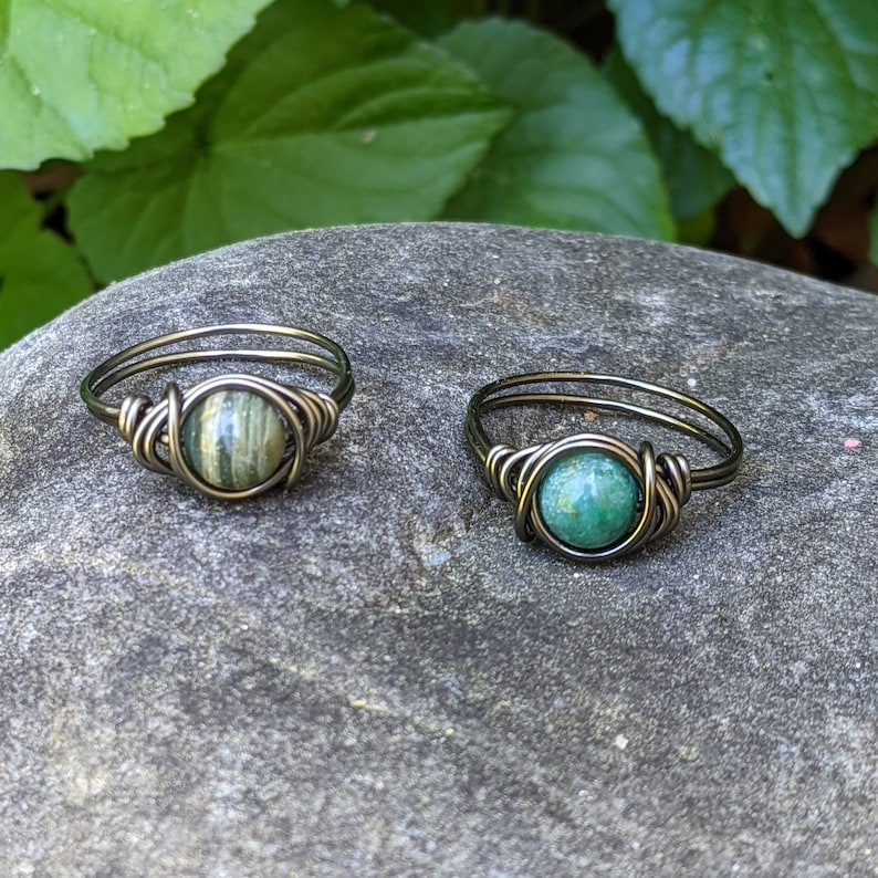 Green Jasper Ring Wire Wrapped Jewelry Gunmetal Boho Rings - Etsy