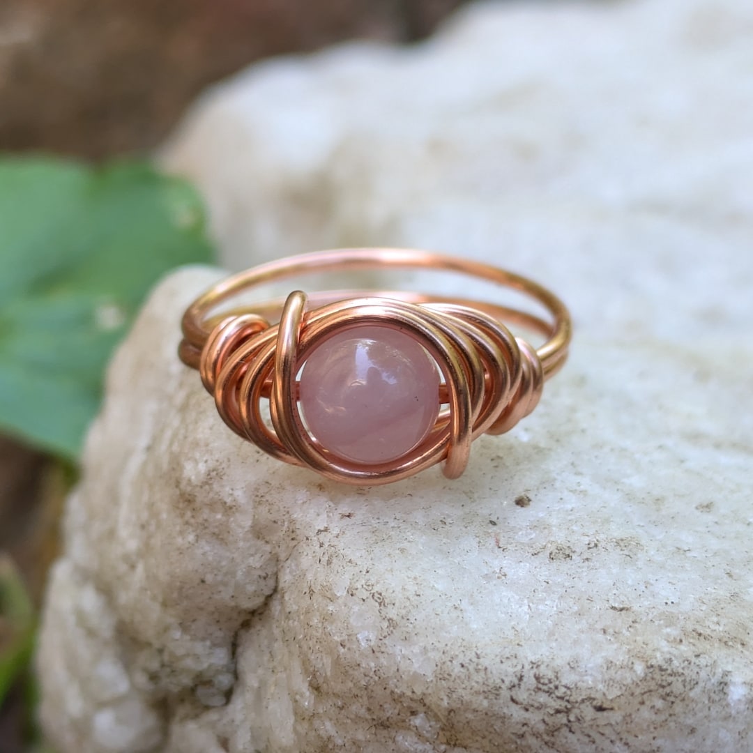 Rose Quartz Ring in Copper Wire Wrapped Crystal Jewelry for Taurus and ...