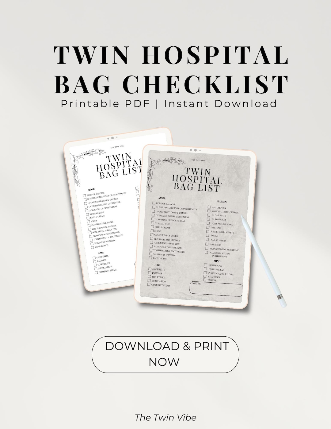 Twin Hospital Bag Checklist - Printable PDF (grey + White Versions ...