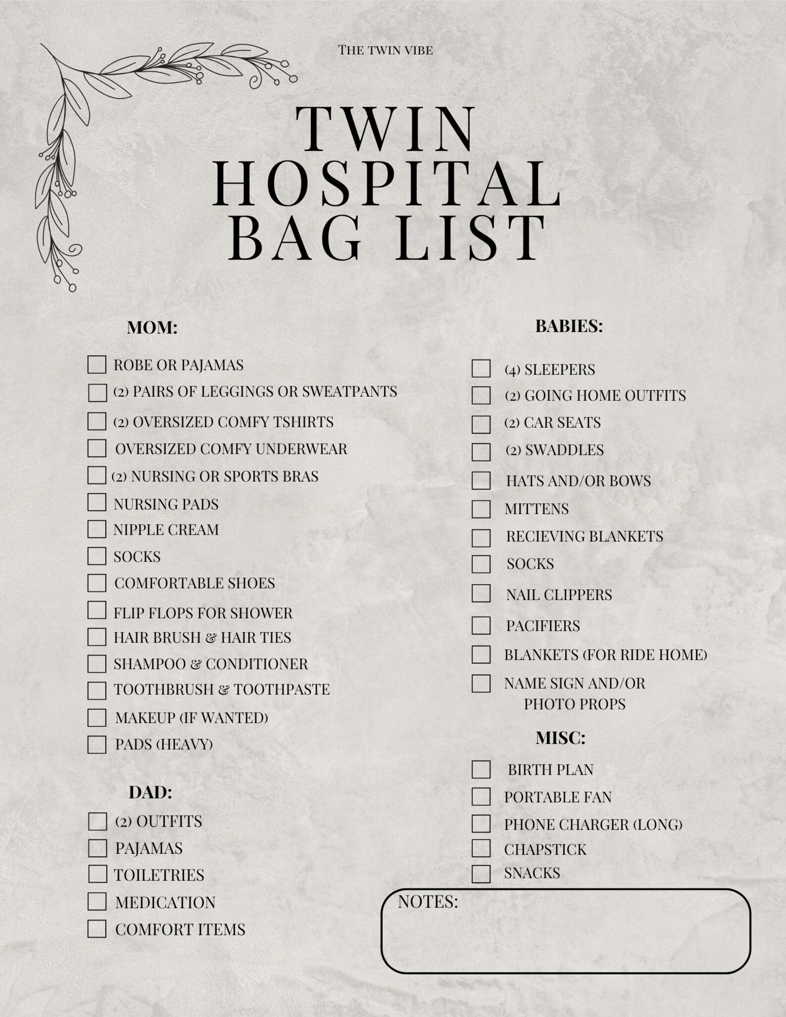 Twin Hospital Bag Checklist - Printable PDF (grey + White Versions ...