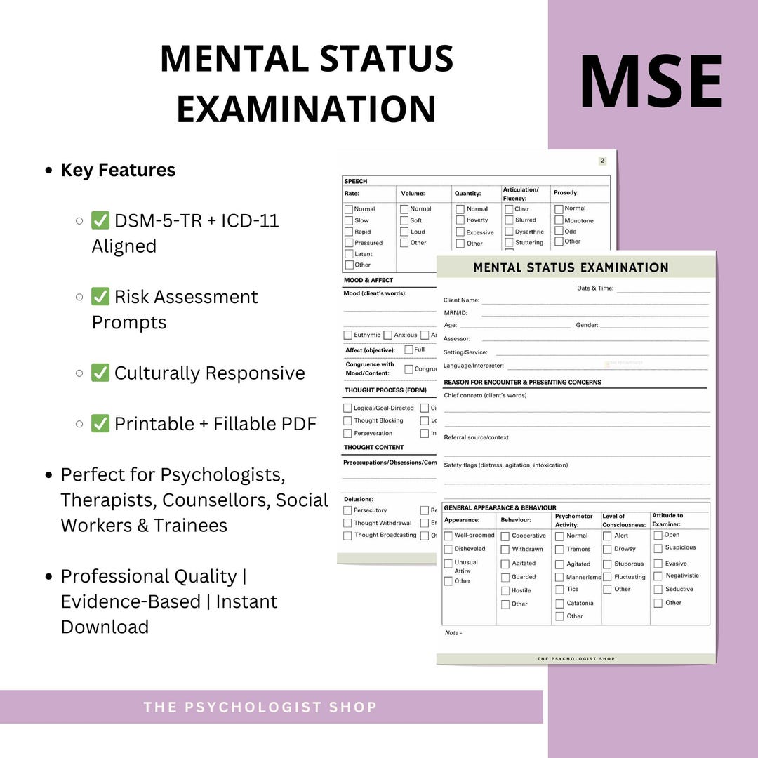 Mental Status Examination (MSE) Worksheet: DSM-5 & ICD-11 Assessment ...