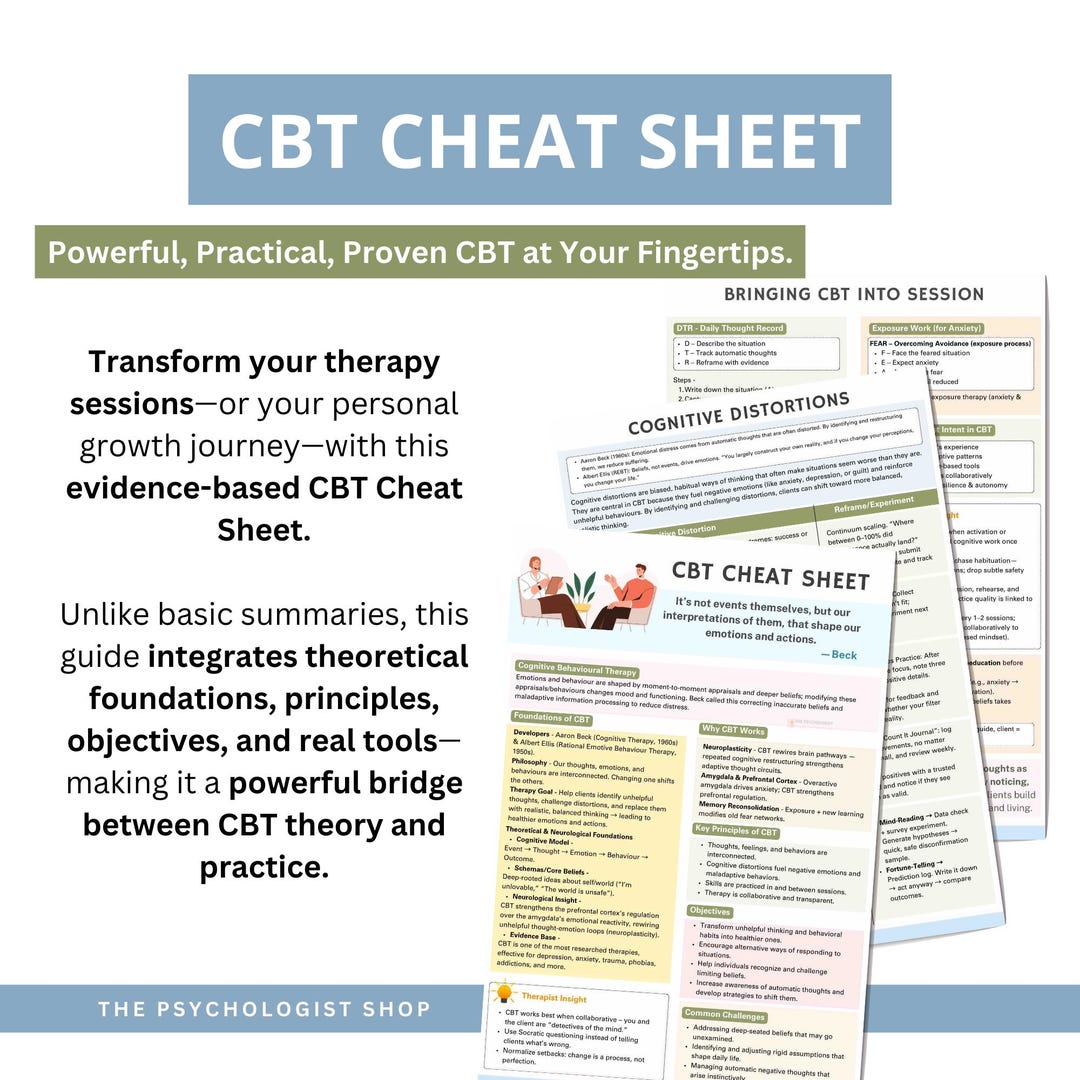 CBT Cheat Sheet | Therapy Worksheets PDF | Cbt Print Bundle | Therapist ...