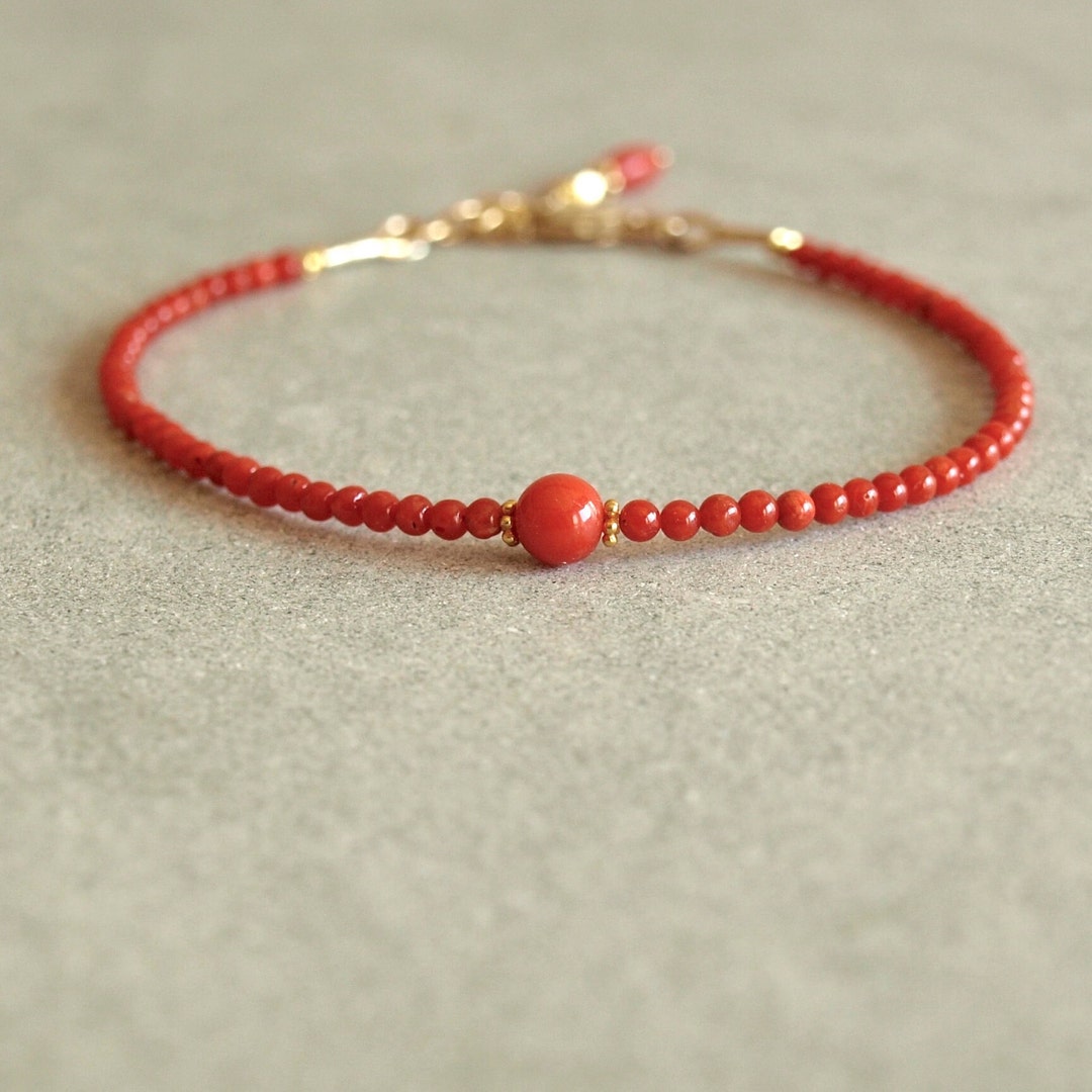 Small Coral Bracelet With 18K Solid Gold Beads, Natural Undyed ...