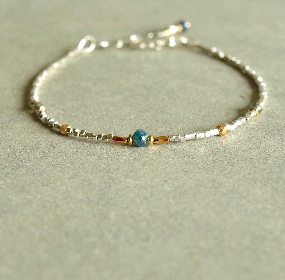 Tiny Blue Diamond Bracelet, Tiny Sterling and Gold Beads, Real Raw ...