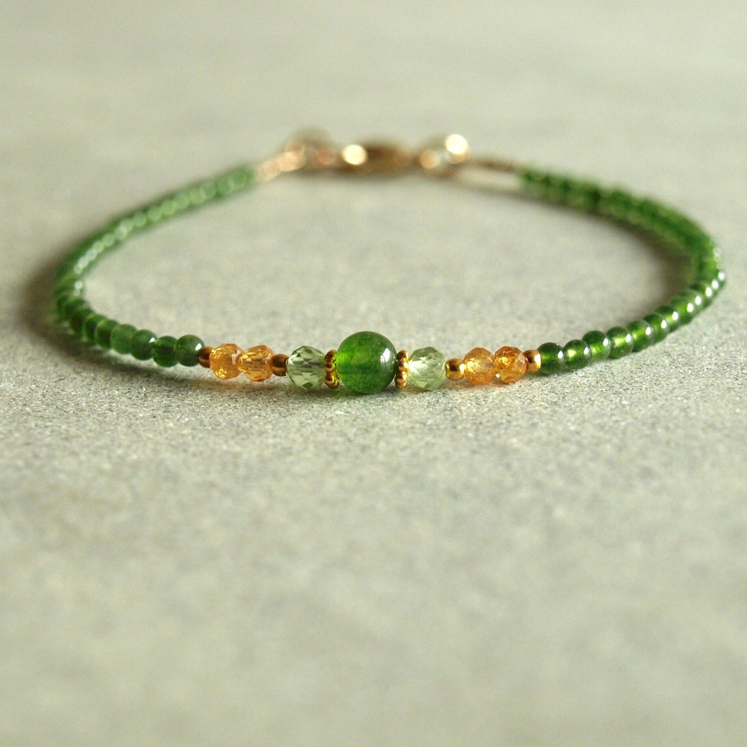 Solid Gold Jade Bracelet, Natural Green Jade, Mandarin Orange Garnet ...