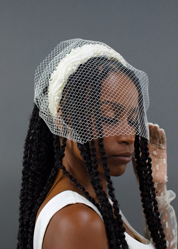 Fair Lady Bridal Head Band with Netting, Vintage Dead… - Gem