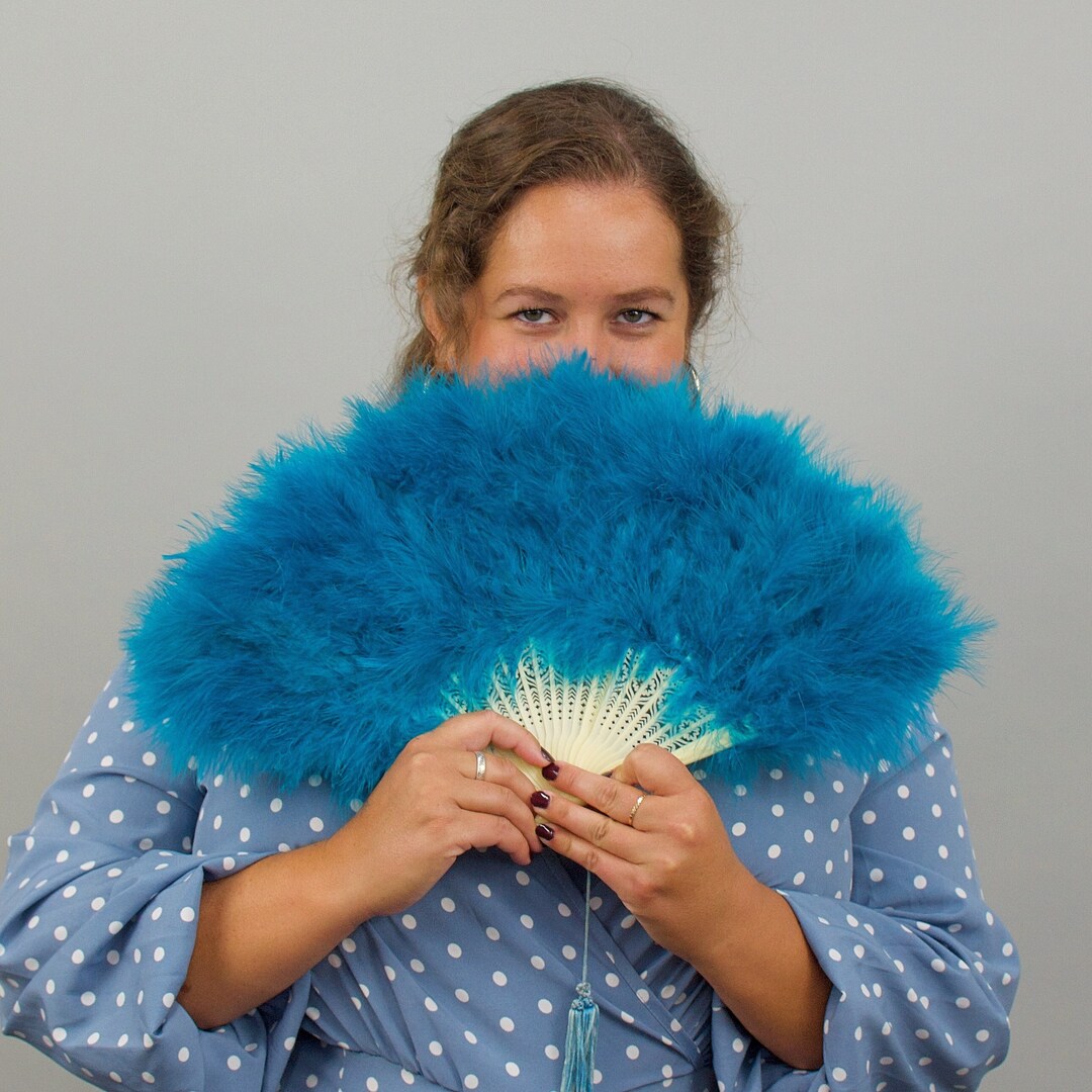 Vintage 1960s Blue Deadstock Marabou Feather Fans, Turquoise Blue ...