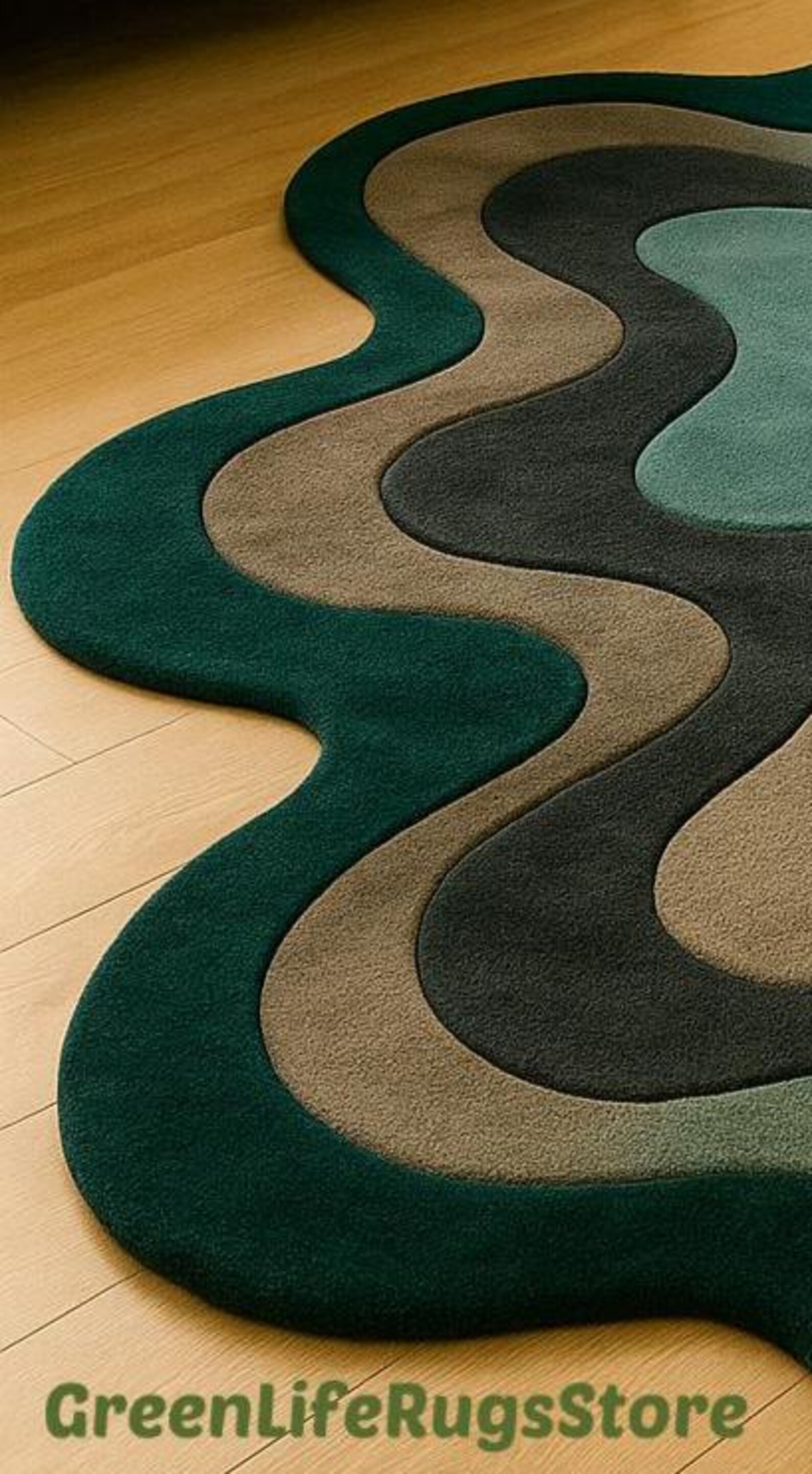 Hand Tufted Green & Brown Abstract Rug – Modern Wavy Irregular Shape ...