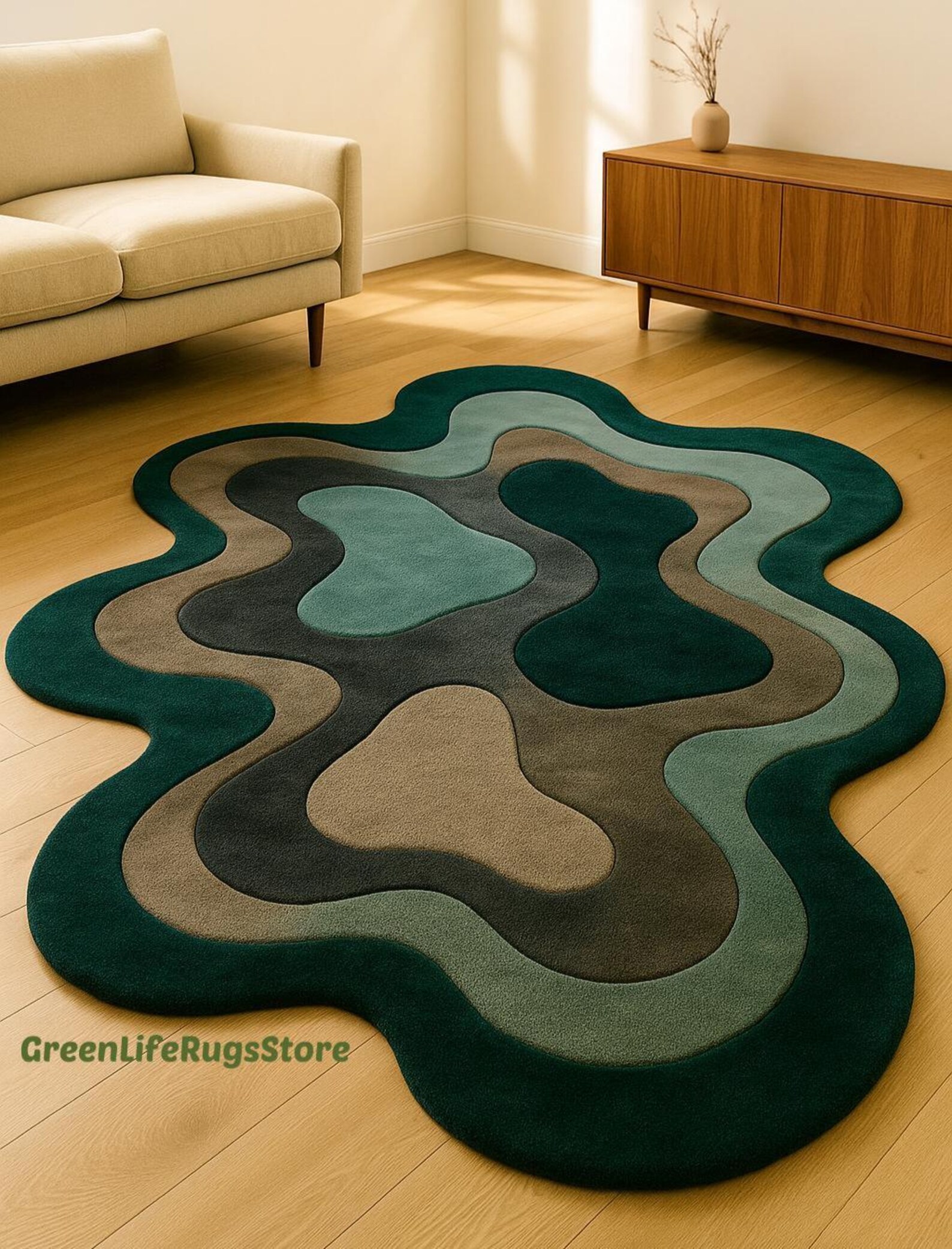Hand Tufted Green & Brown Abstract Rug – Modern Wavy Irregular Shape ...