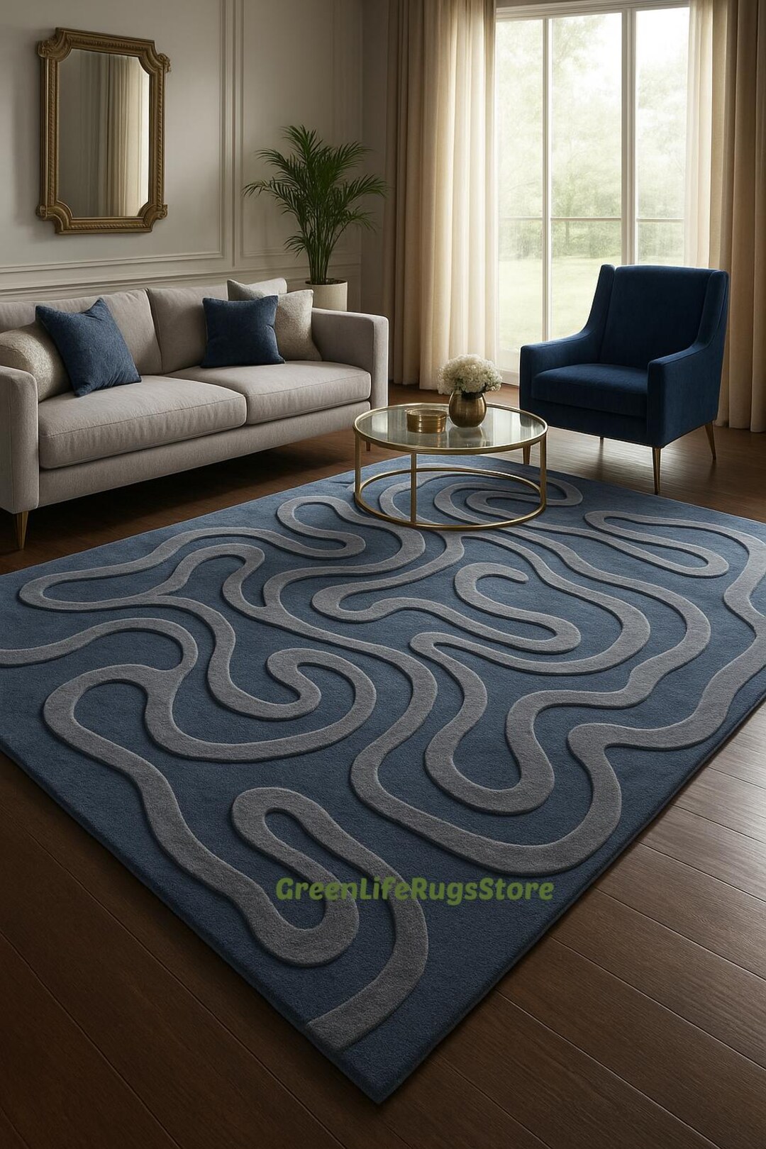 Hand Tufted Modern Blue Rug – Raised Curvy Line Pattern in Navy & Grey ...