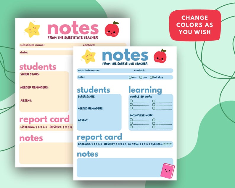 Substitute Report Form Teacher Printable Instant Download Classroom ...