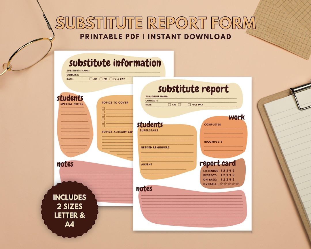 Substitute Report Form Boho Teacher Printable Instant Download ...
