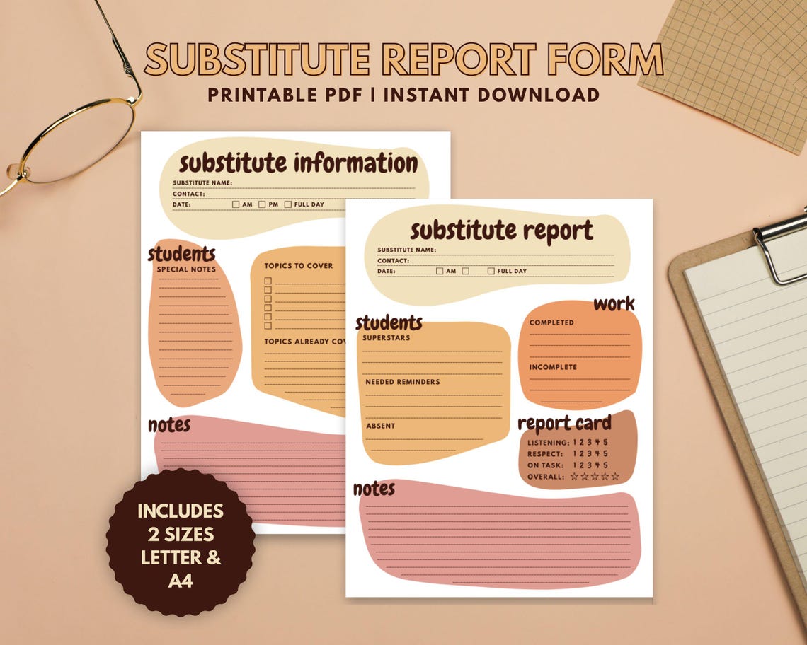 Substitute Report Form Boho Teacher Printable Instant Download ...