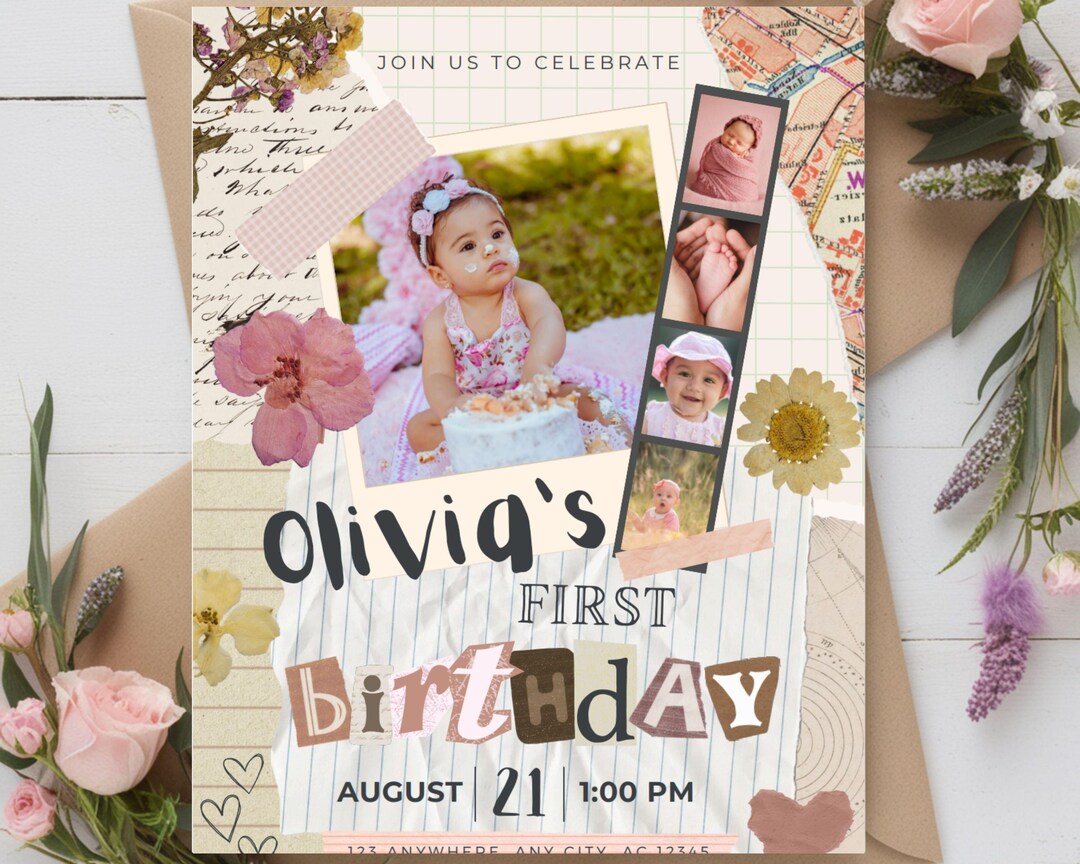 Junk Journal Birthday Invitation Editable Scrapbook Baby Birthday Party ...