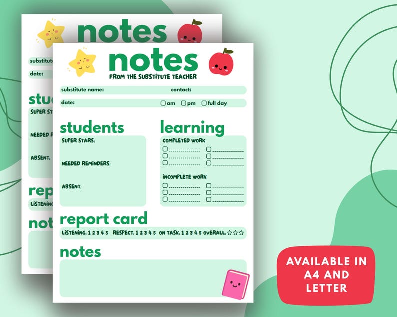 Substitute Report Form Teacher Printable Instant Download Classroom ...