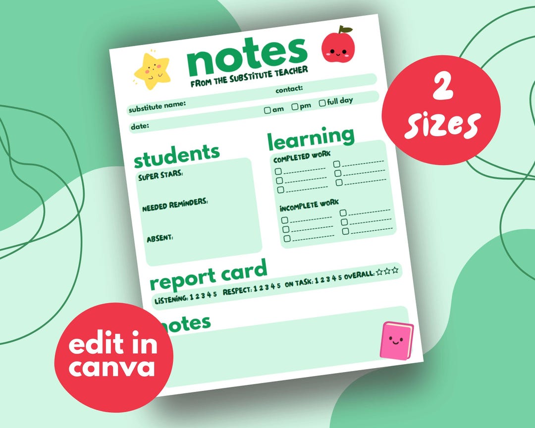 Substitute Report Form Teacher Printable Instant Download Classroom ...