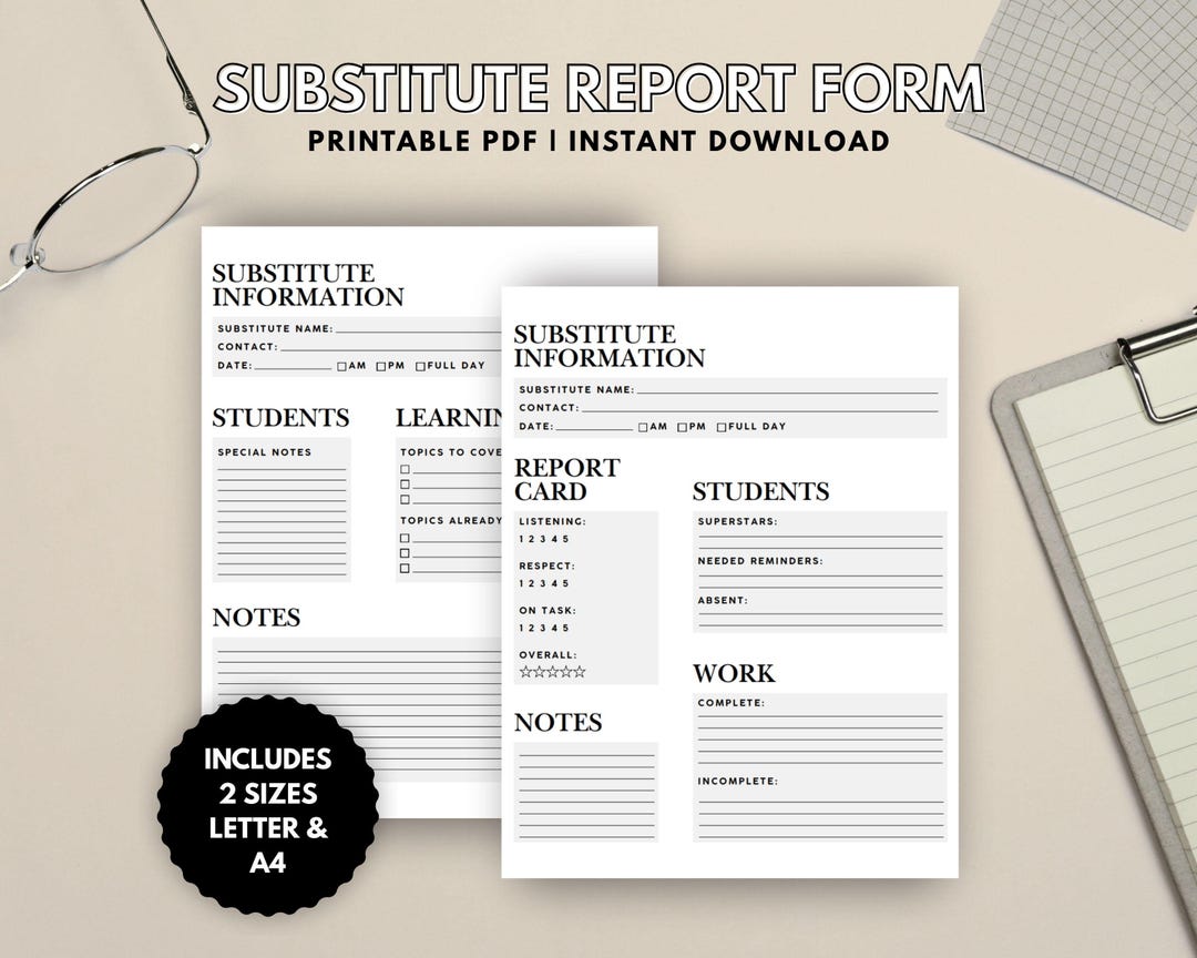 Substitute Report Form Minimalist Teacher Printable Instant Download ...