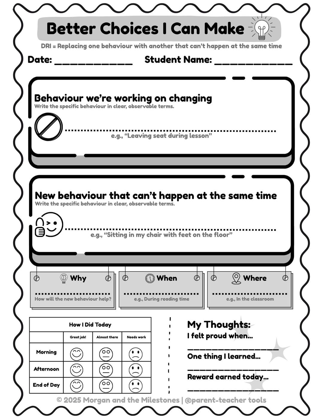Positive Behavior Worksheet – Better Choices, DRI Support (PDF Download ...