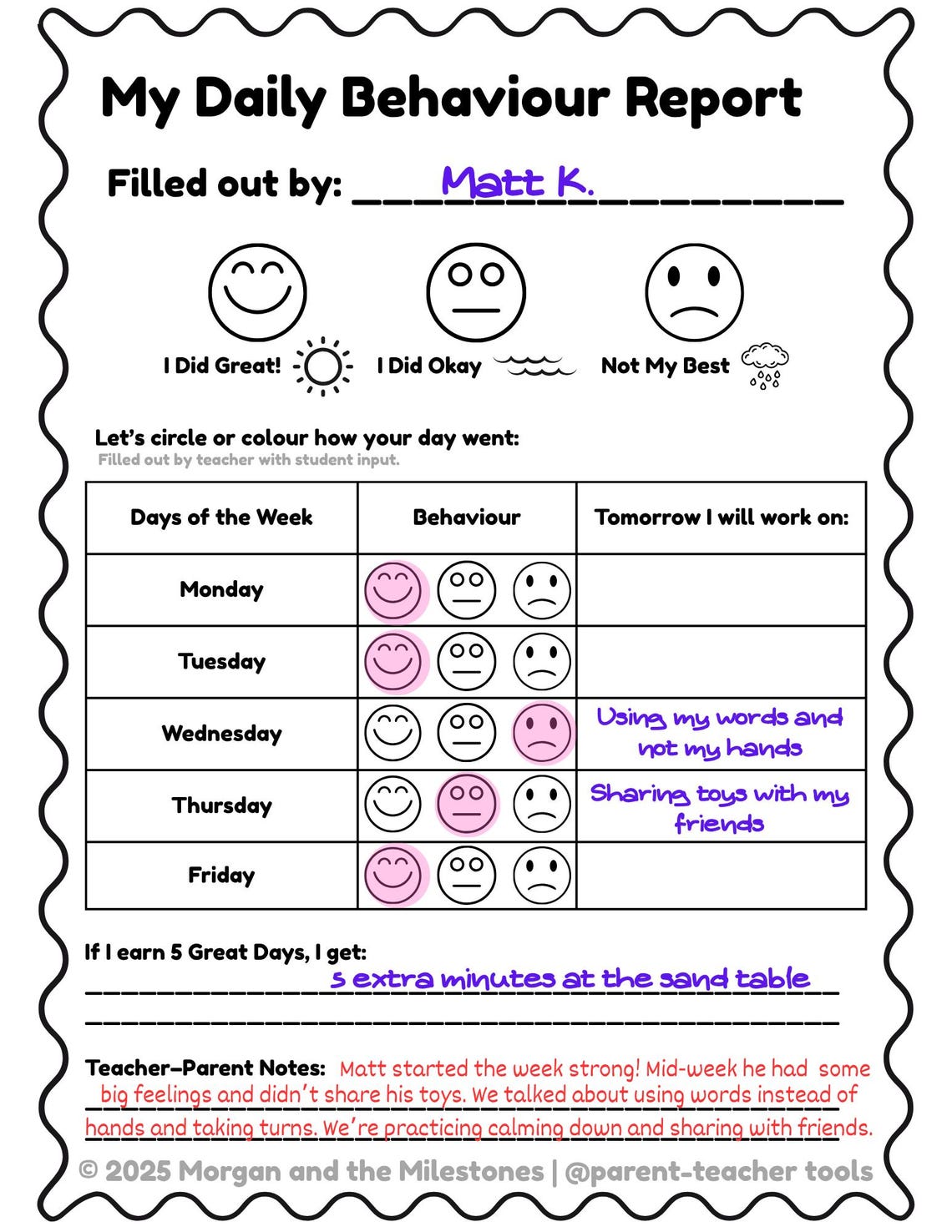 Daily Behavior Report for Kids: Classroom Tracker, Parent-teacher ...