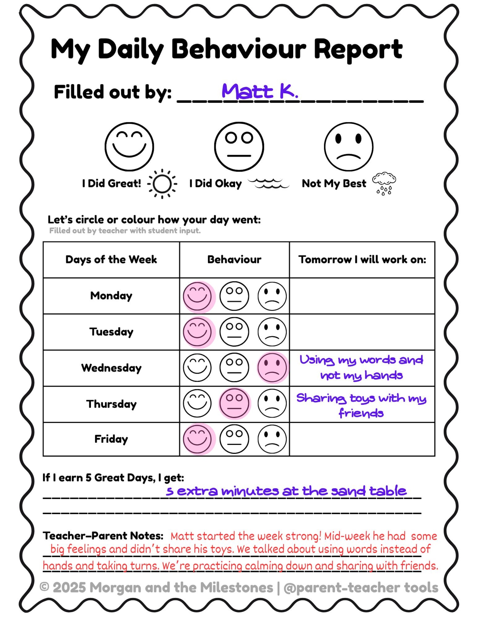 Daily Behavior Report for Kids: Classroom Tracker, Parent-teacher ...