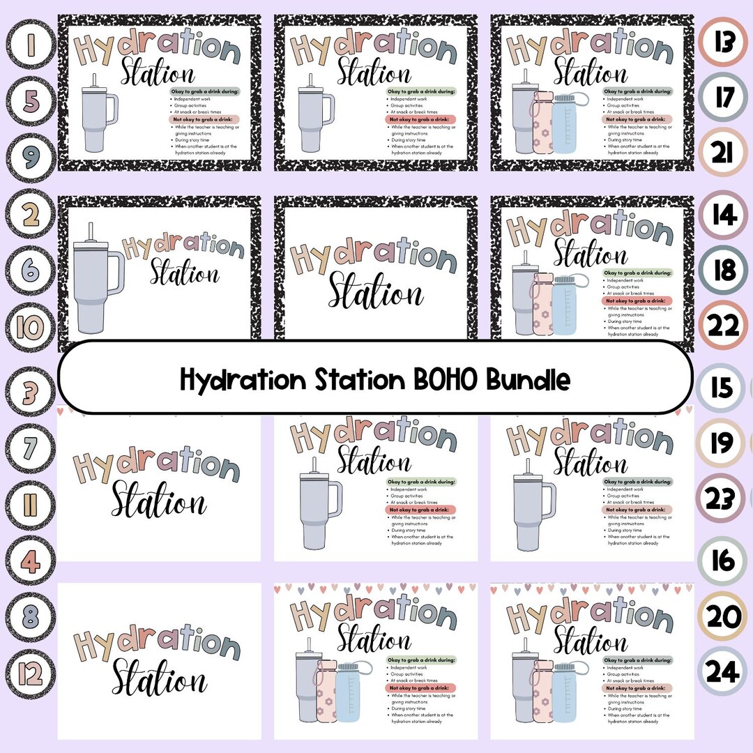 BOHO Classroom Hydration Station Signs & Bottle Circles Canva Template ...
