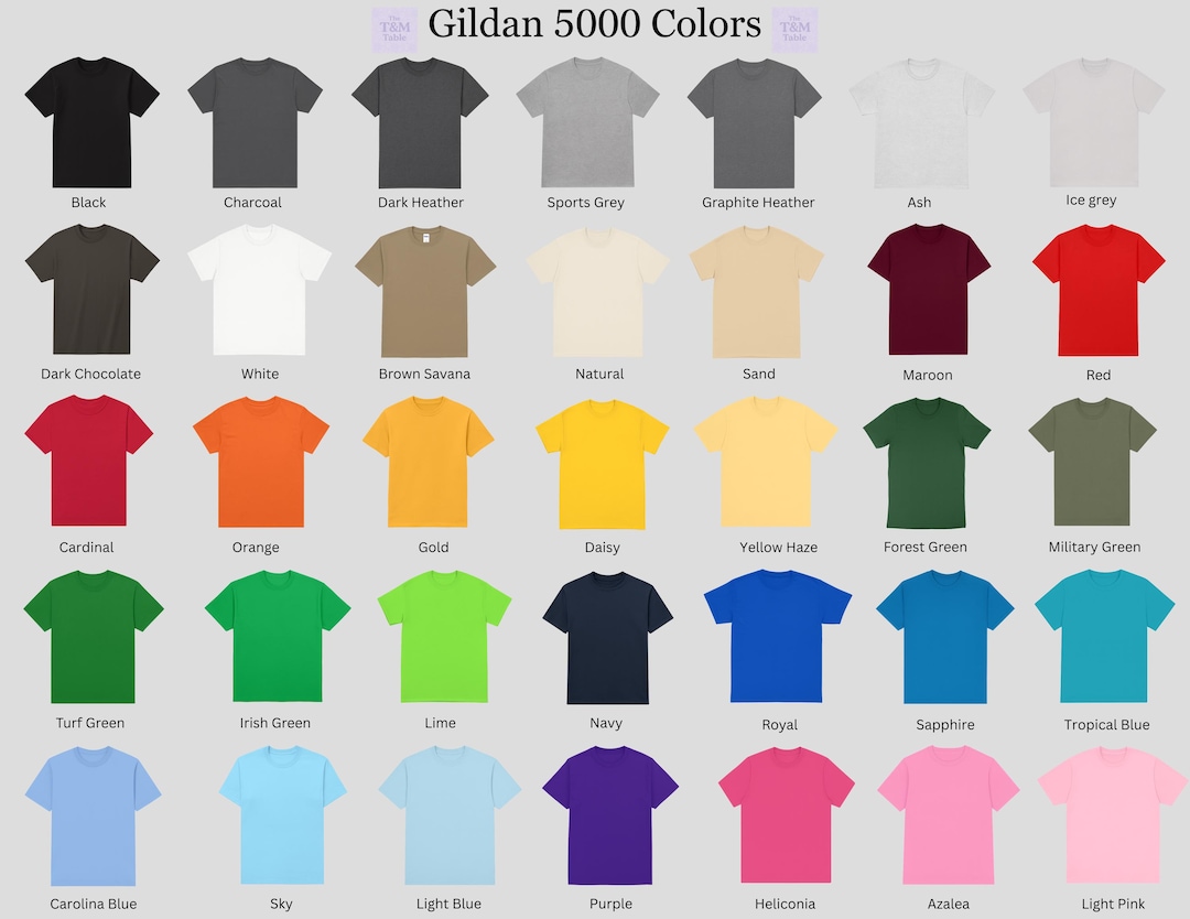 Gildan 5000 Color Chart and Size Chart | Gildan 5000 Color Chart and ...