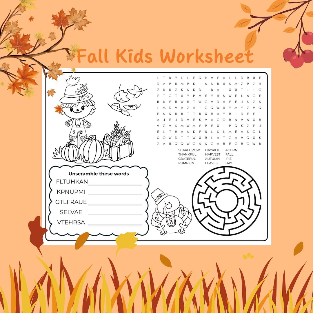 Fall Activity Worksheet for Kids | Thanksgiving Word Search, Maze ...