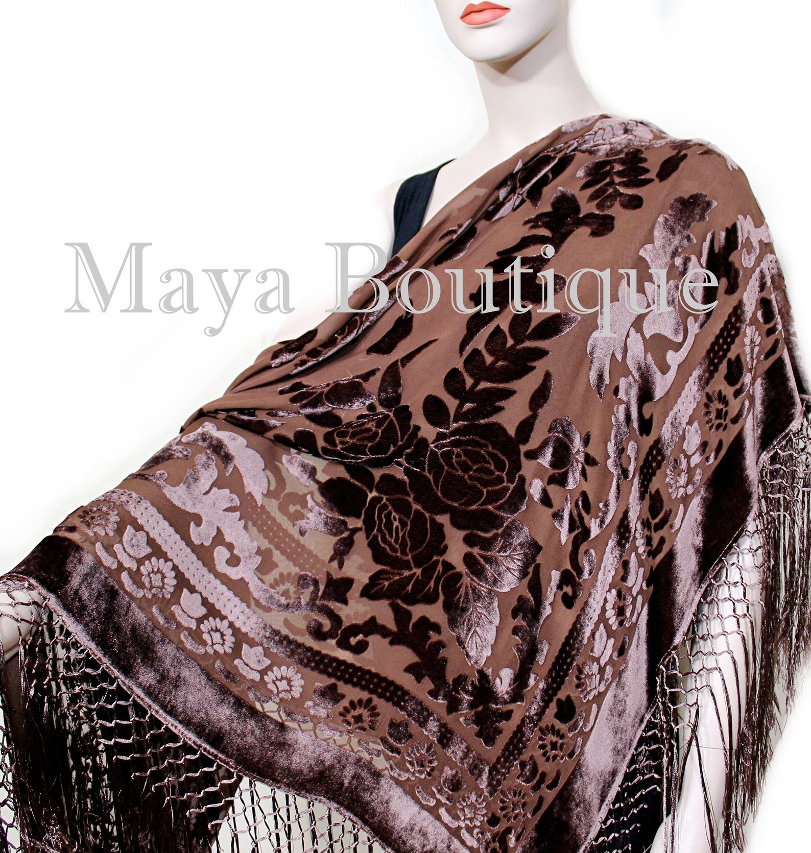 Chocolate Brown Piano Shawl Wrap Fringed Scarf Silk Burnout Velvet Maya ...