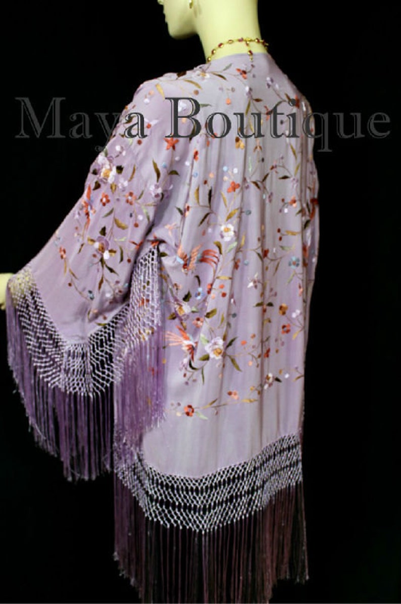 Embroidered Silk Fringe Jacket Kimono Short Lilac Multi Birds - Etsy
