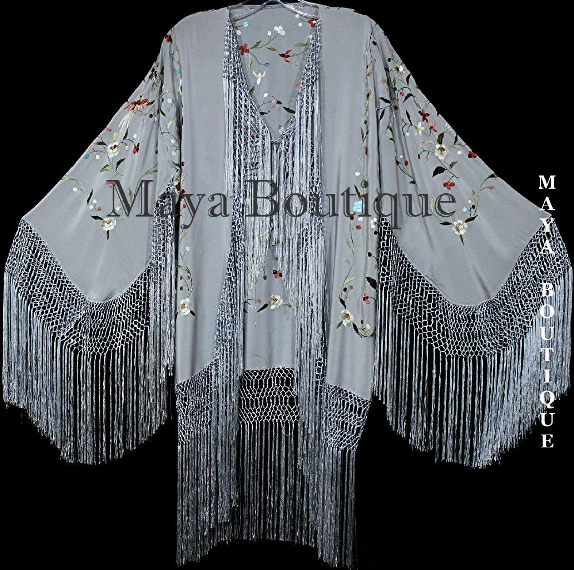 Embroidered Silk Fringe Jacket Kimono Short Silver Gray Multi Birds ...